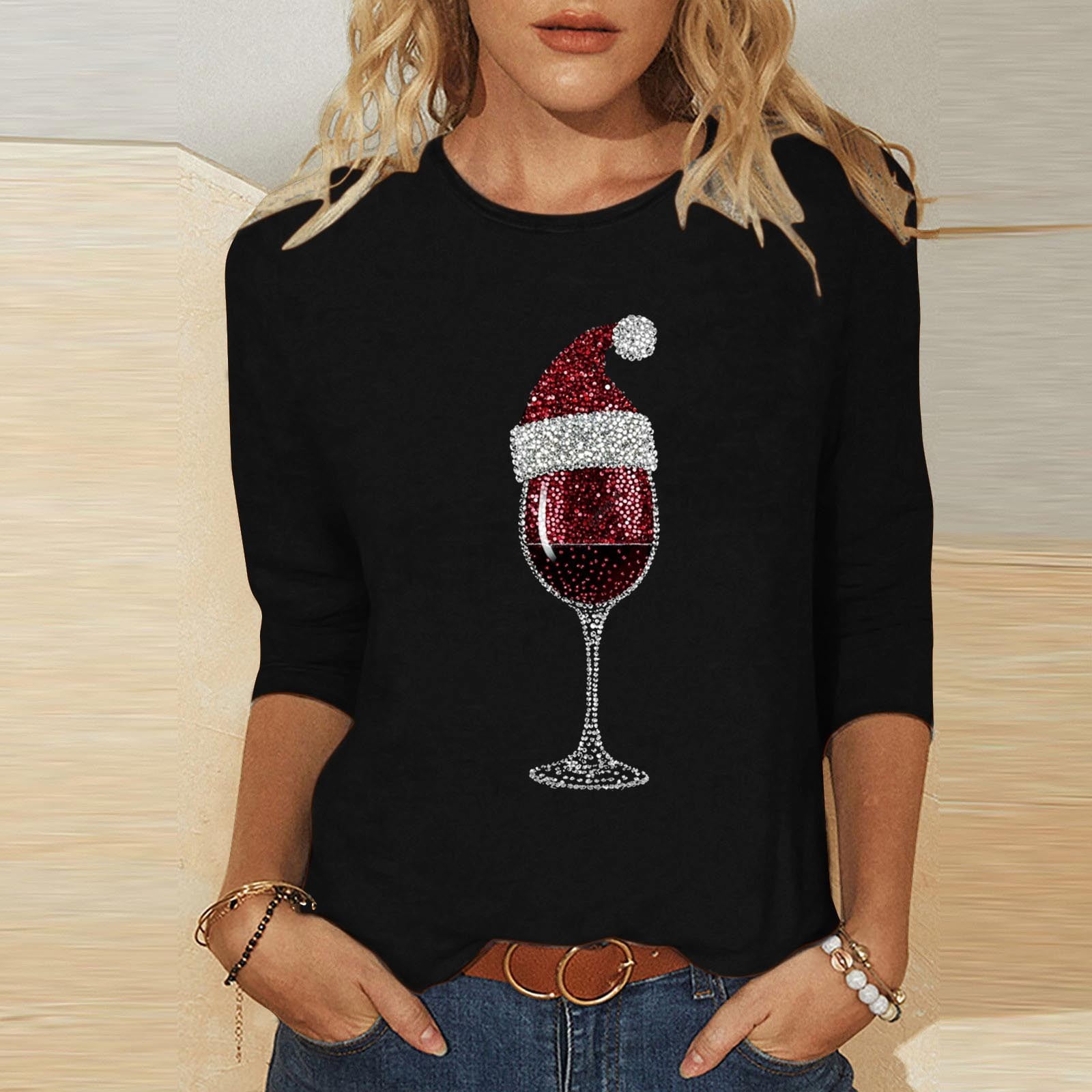 LEKWK Womans Christmas Shirt Xmas Win Glass Crew Neck 3/4 Sleeve Tops ...