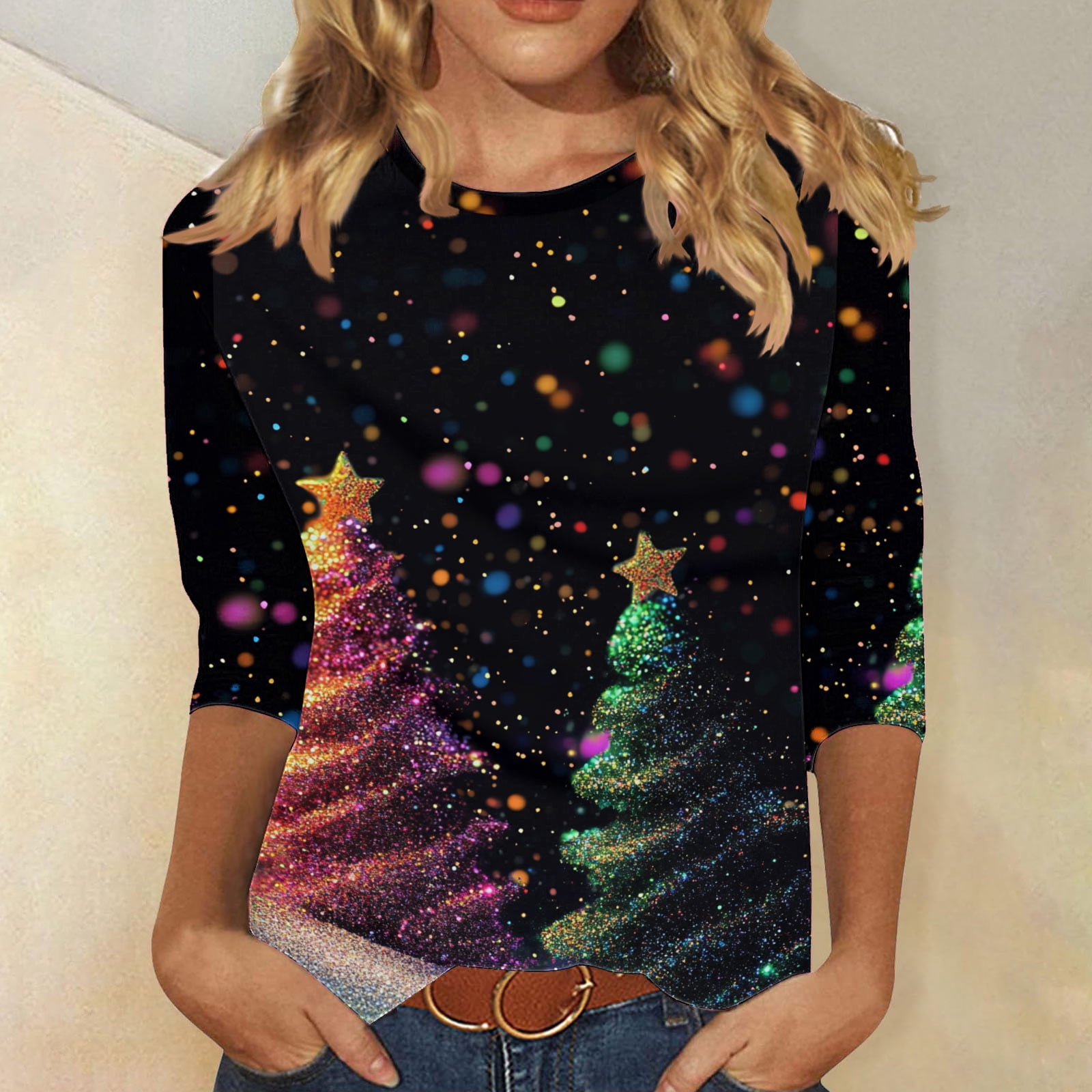 LEKWK Women Christmas Sweater Xmas Wine Glass Crew Neck 3/4 Sleeve Tops ...