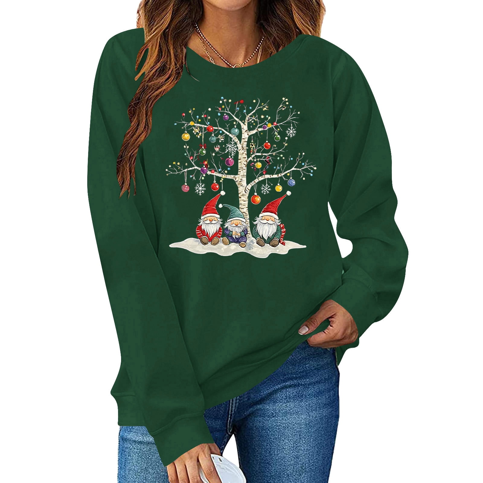 LEKWK Women's Christmas Sweatshirt Holiday Santa Tree Graphic Tops ...