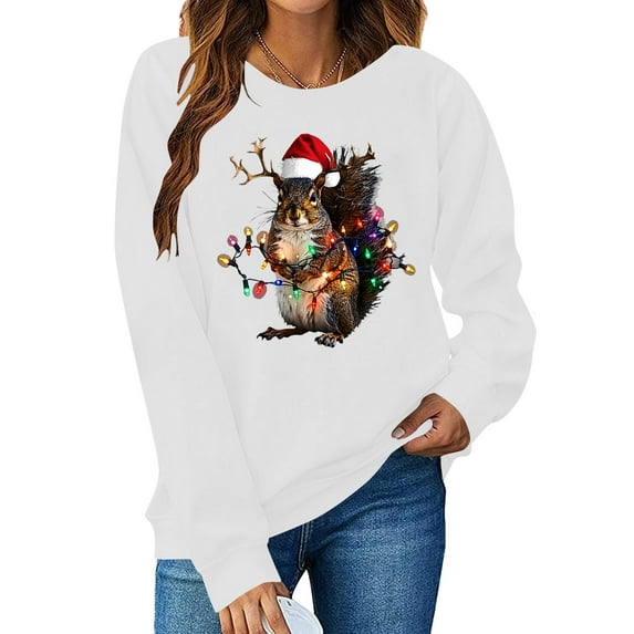 LEKWK Women's Christmas Sweatshirt Holiday Santa Tree Graphic Tops ...