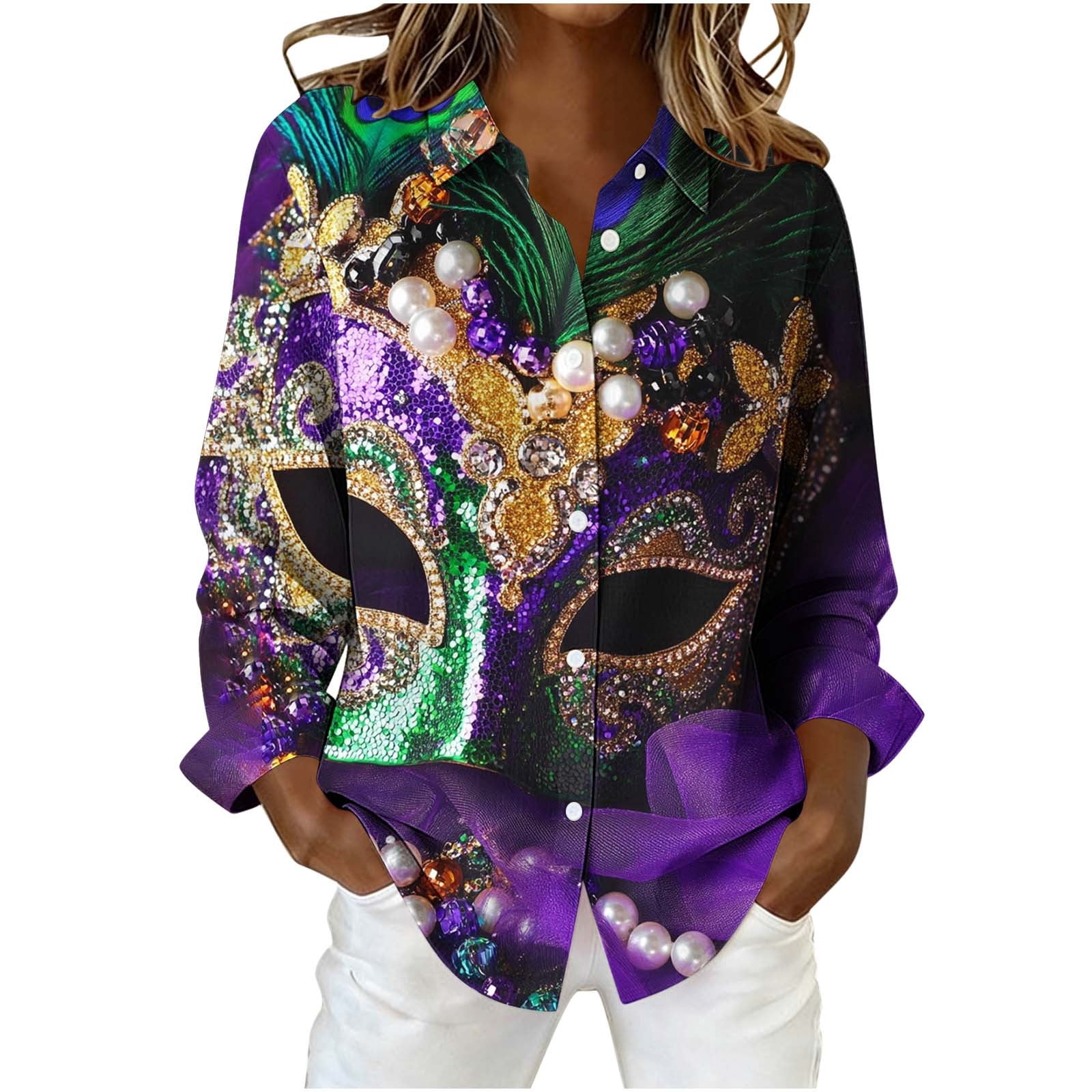 LEKWK Women's Mardi Gras Tops Colorful Abstract Graphic Blouses ...