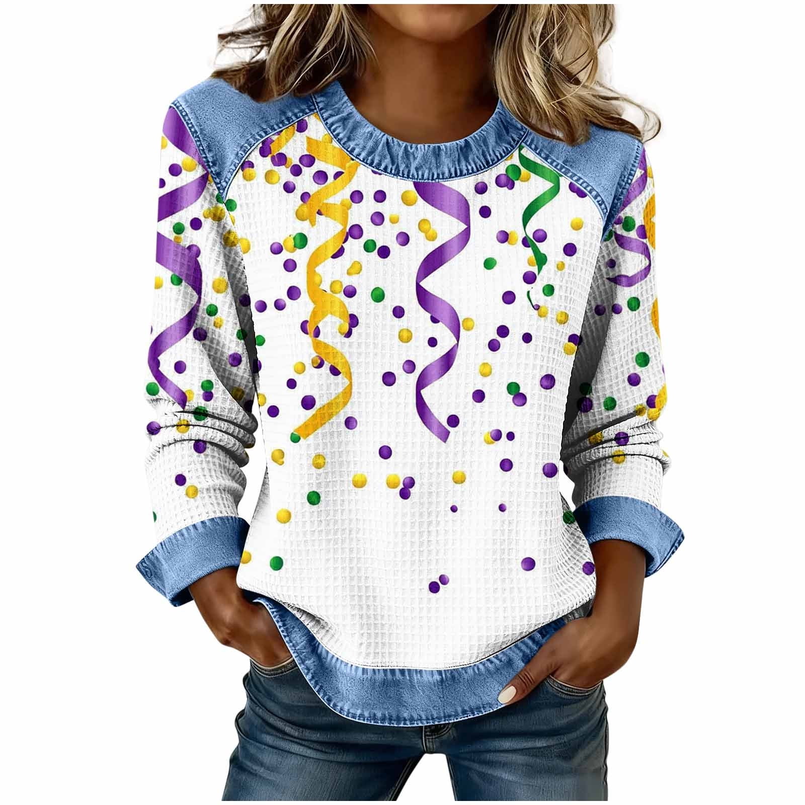 LEKWK Womens Mardi Gras Shirt Confetti Print Waffle-Knit Crew Neck Cute ...
