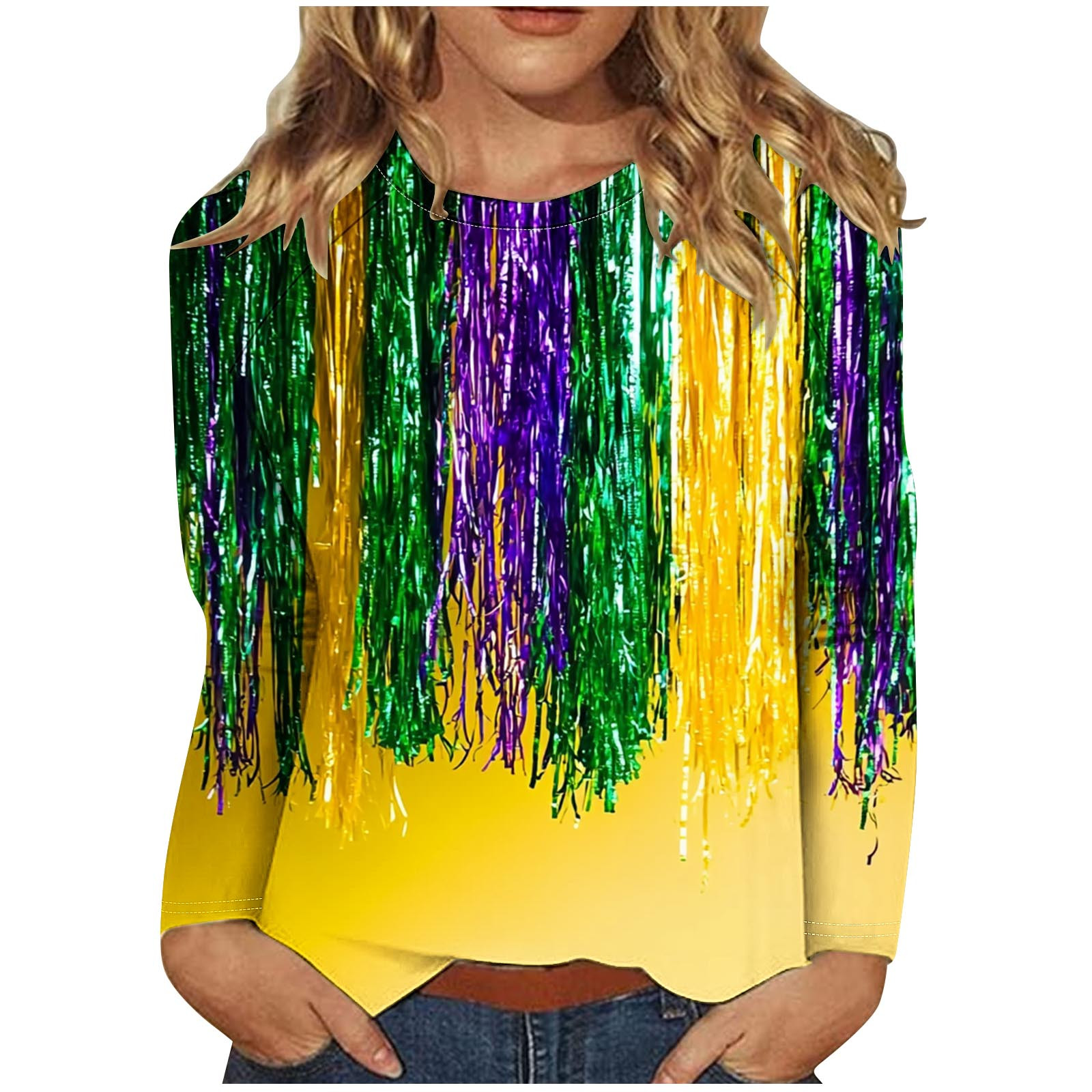 LEKWK Womens Mardi Gras Shirt Dual Mask Portrait Graphic Slim Fit Long ...