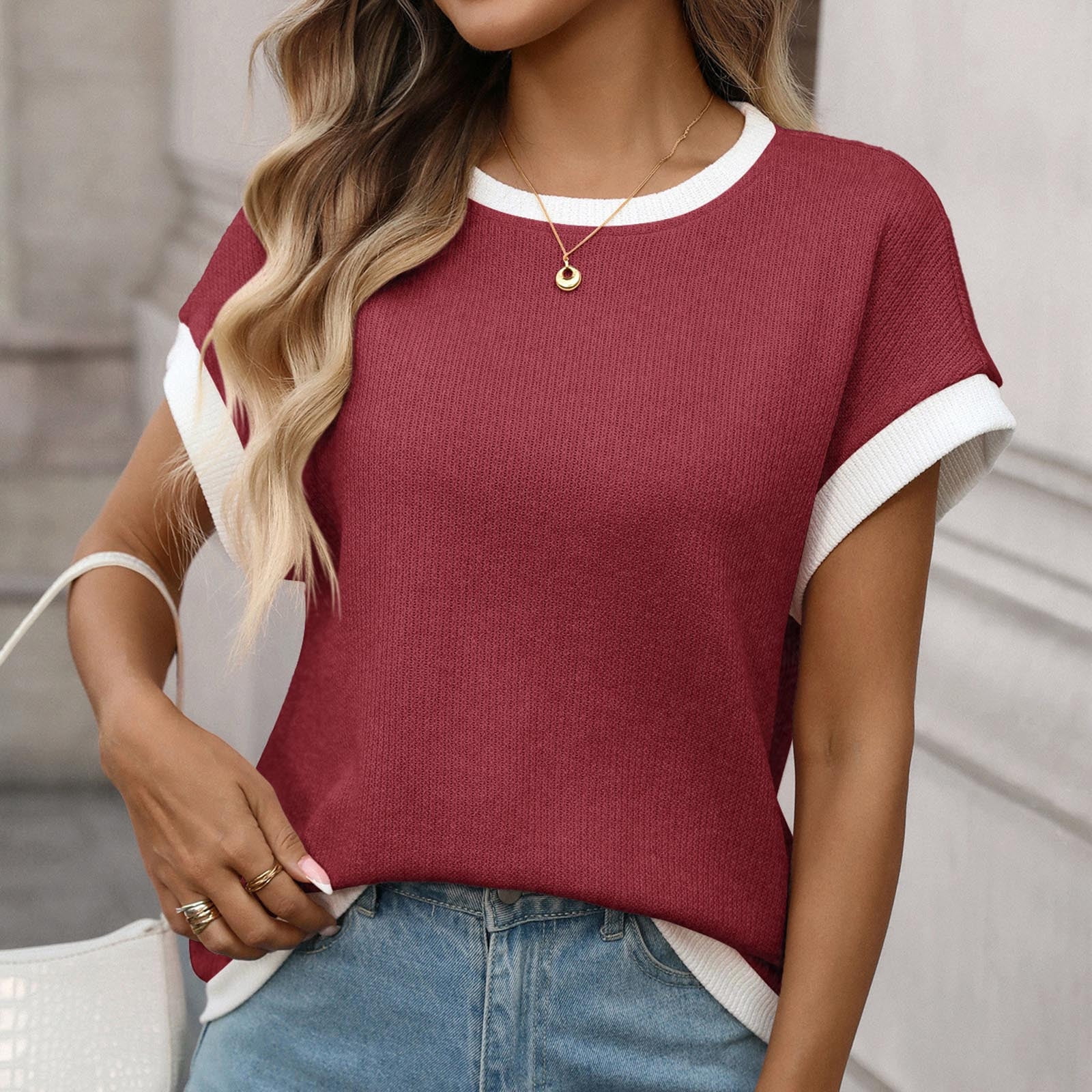 LEKWK Womens T-Shirts Contrast Trim Short Sleeve Tops Crew Neck Basic ...