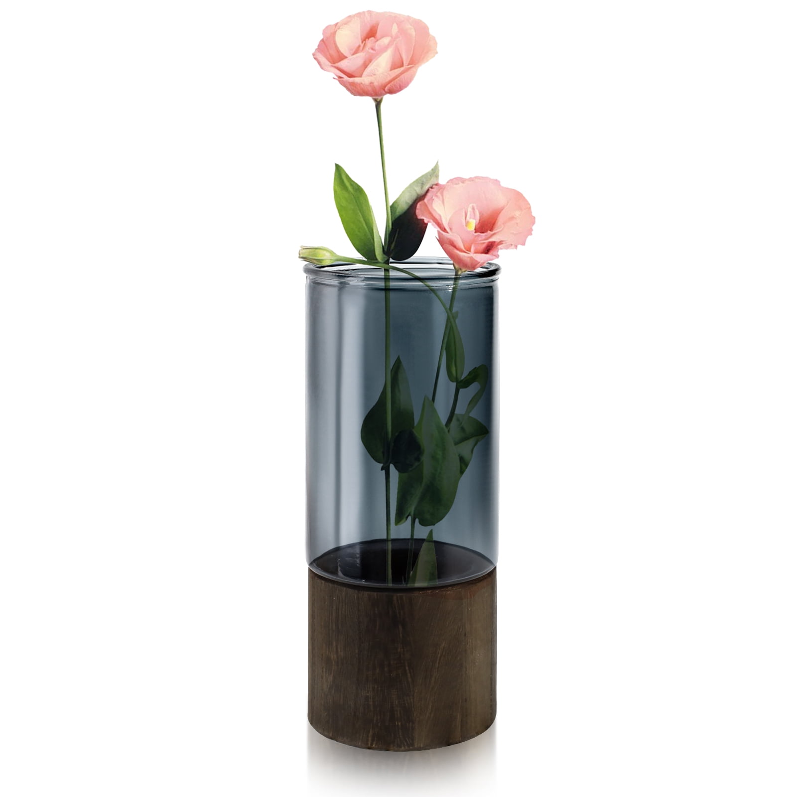 LELE LIFE Glass Vase Wood Base, 10" H, Cylindrical Tall Flower Vase ...