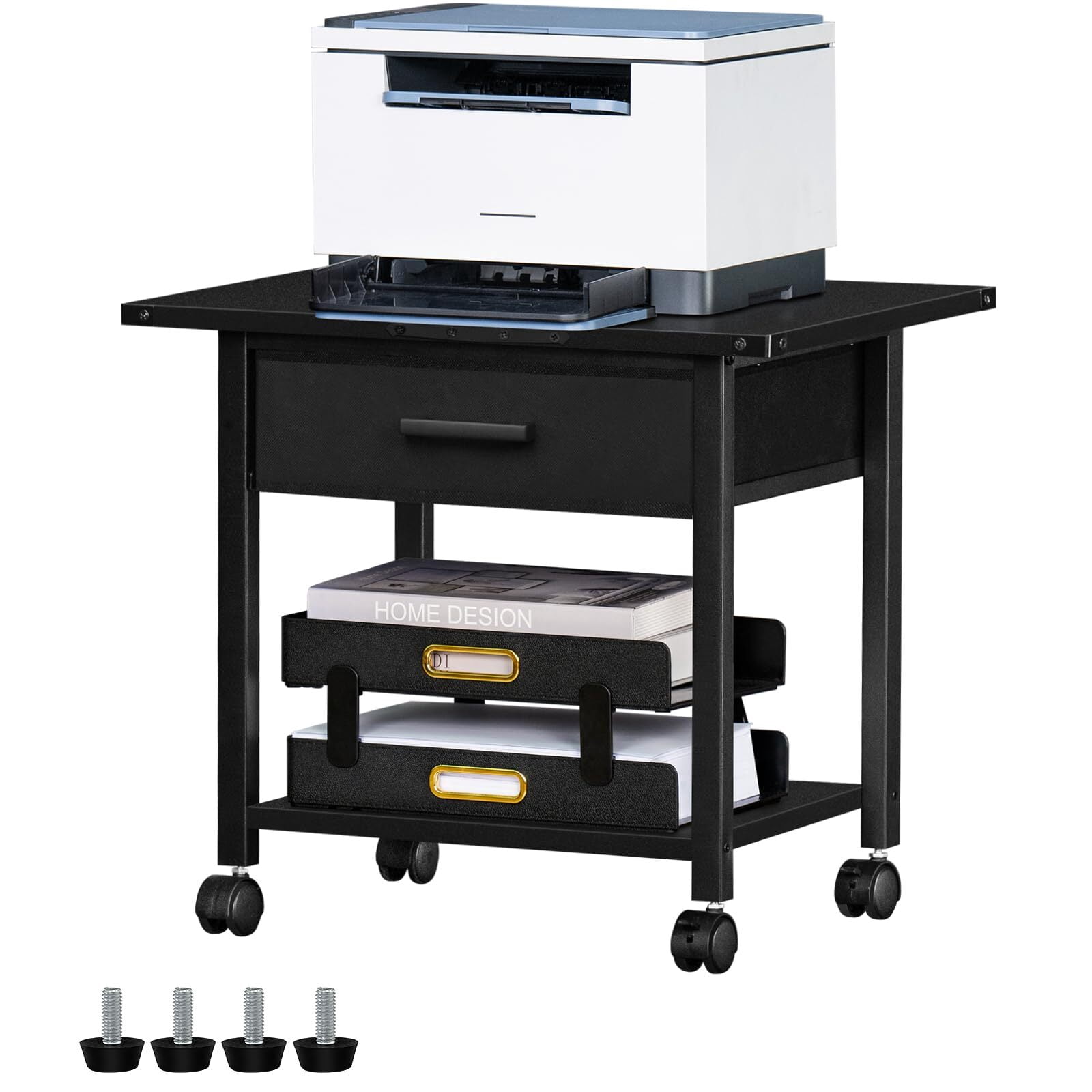 LELELINKY 2-Tier Under Desk Rolling Printer Stand with Drawer ...