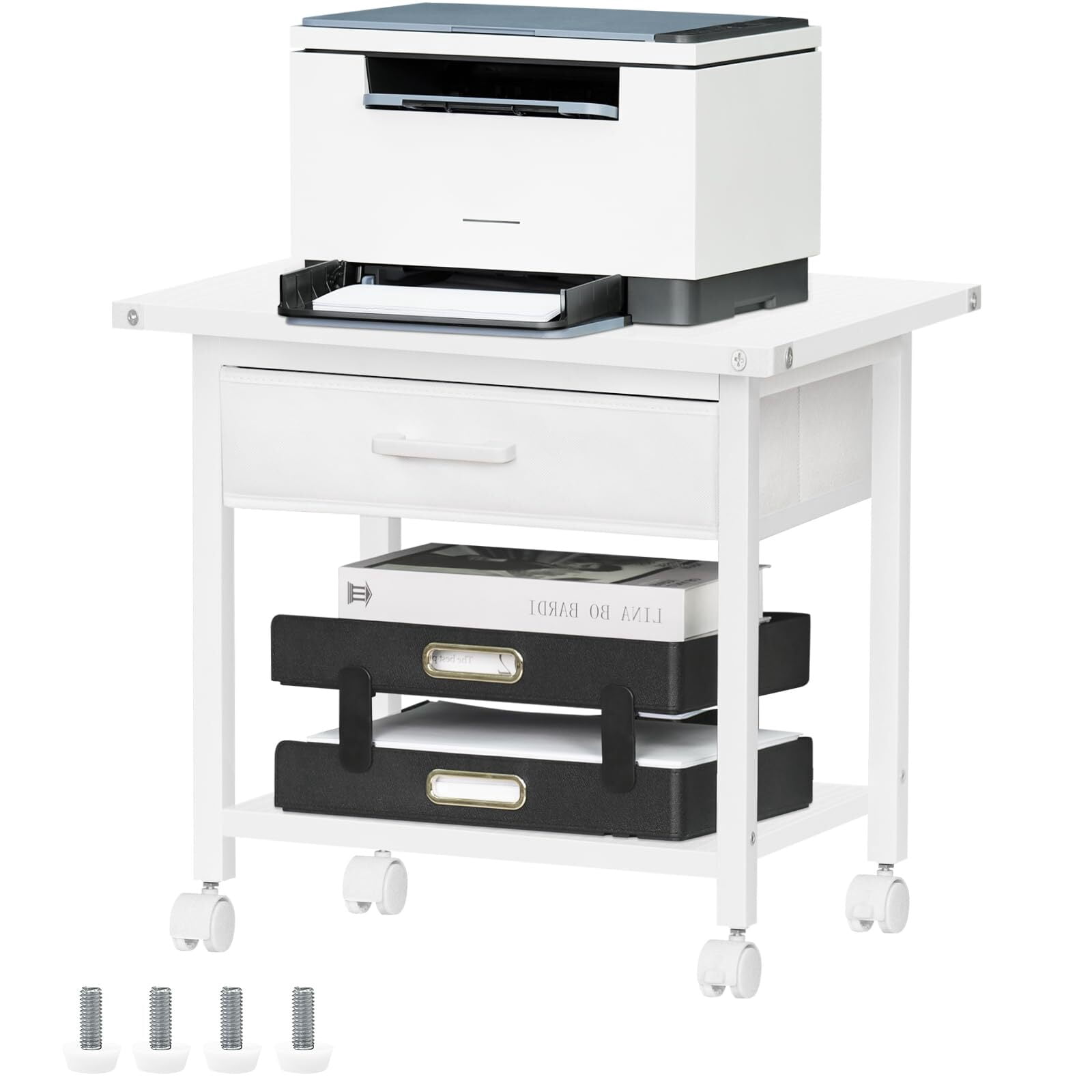 LELELINKY 2-Tier Under Desk Rolling Printer Stand with Drawer ...