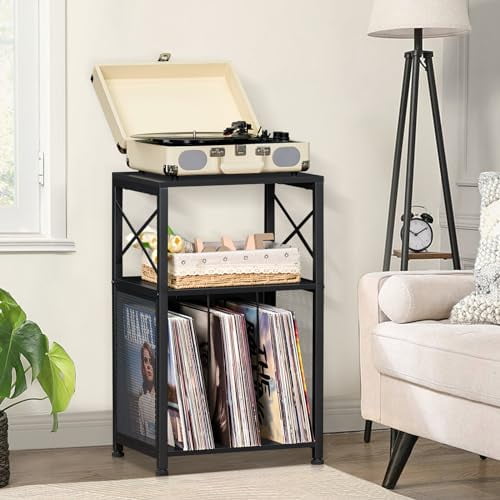 LELELINKY 3 Tier End Table, Side Table with Display Shelf, Black Vinyl ...
