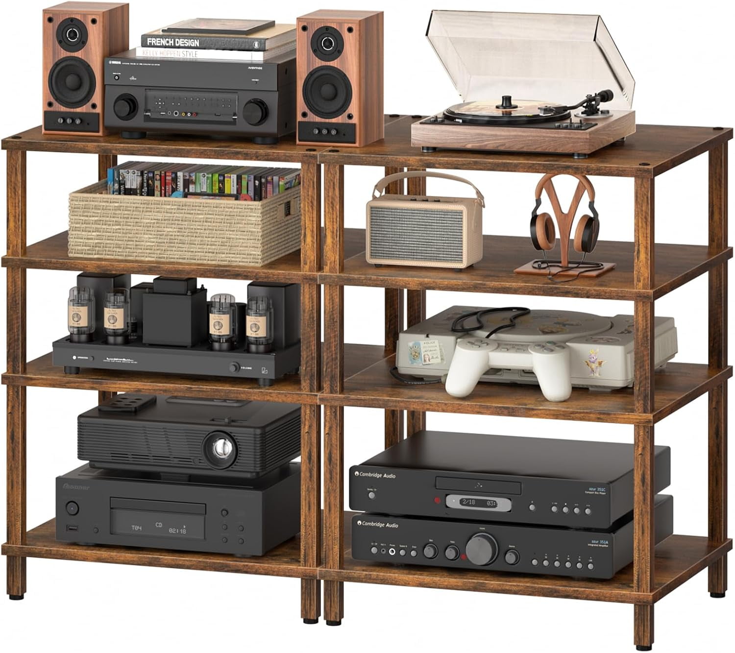 LELELINKY 4-Tier AV Media Player Stand Set of 2, Brown Stereo Cabinet ...