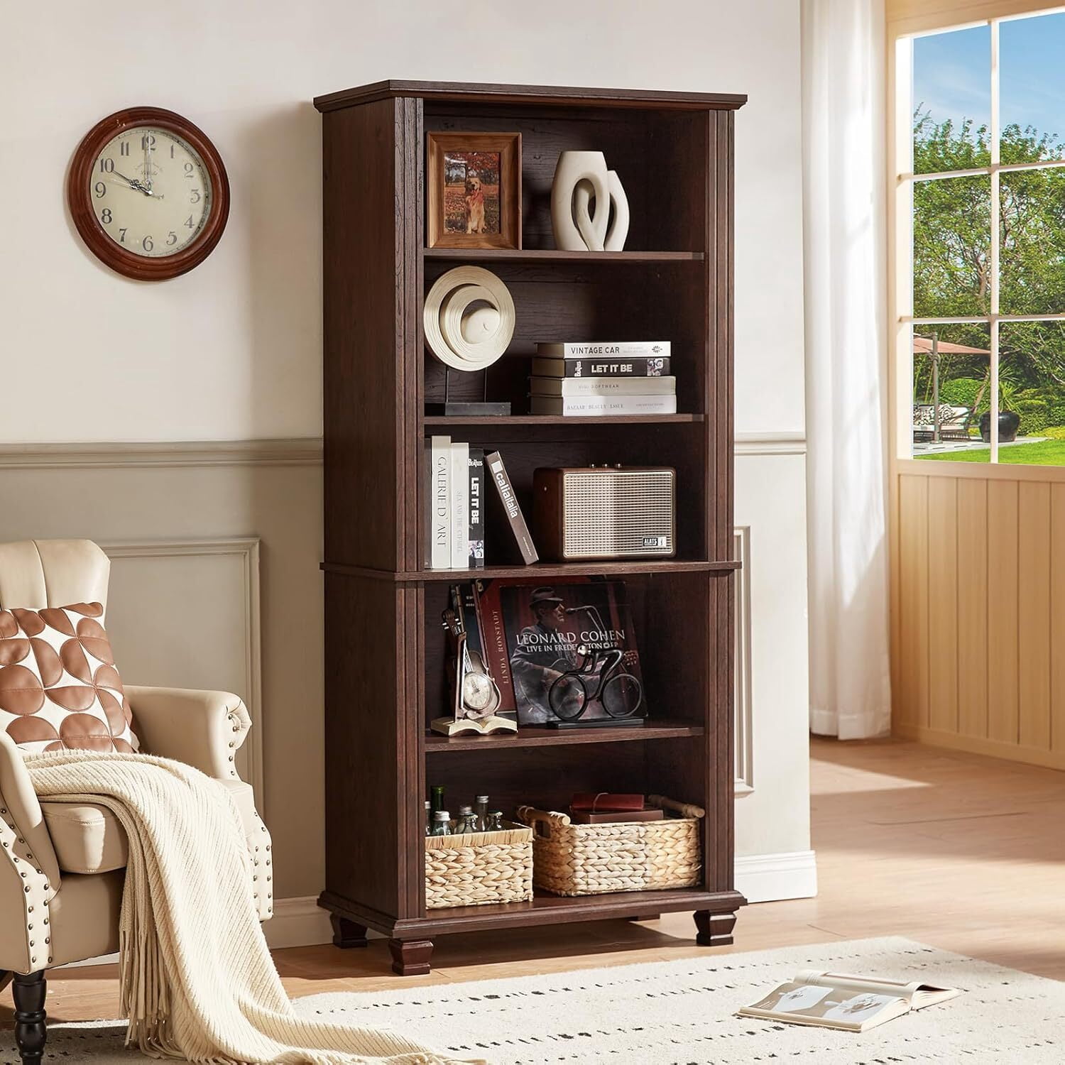 LELELINKY 5-Tier Upright Bookshelf with Open Display Shelves, Farmhouse ...