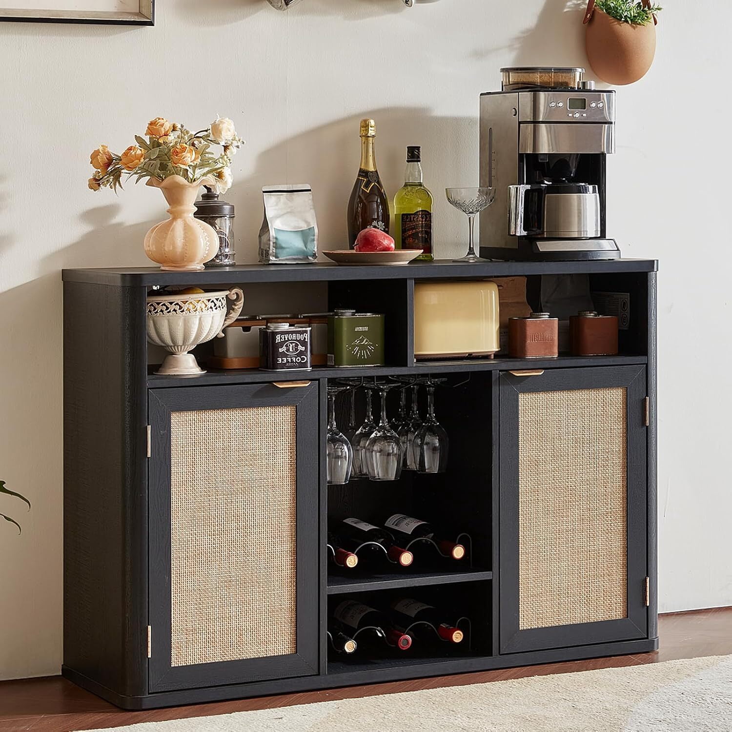 LELELINKY Boho Wine Bar Cabinet, Liquor Bar Cabinet with Shelves, Wine ...