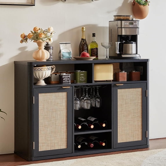 LELELINKY Boho Wine Bar Cabinet, Liquor Bar Cabinet with Shelves, Wine ...