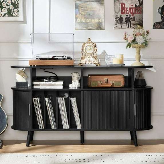 LELELINKY Extra Large Round Record Player Stand with Charging Station ...