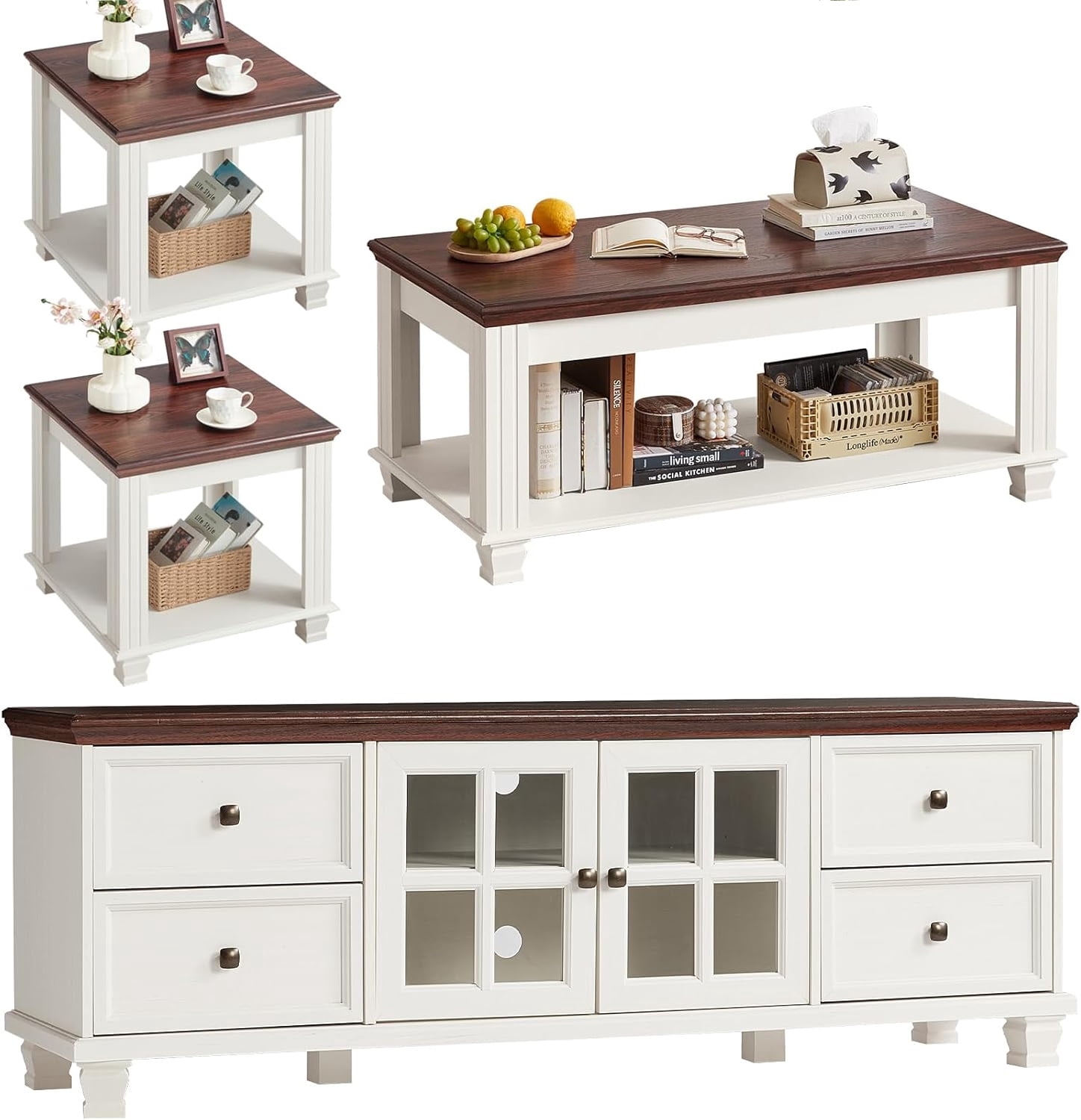LELELINKY Farmhouse TV Stand and Coffee Table Set 4, Rustic Wood Living ...