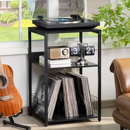 Large Black Record Player Stand, 3 Tier Big End Table with Vinyl ...