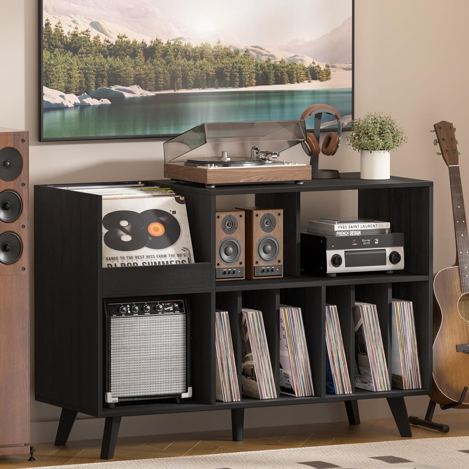 LELELINKY Large Record Player Stand with Storage, Vinyl Record Storage ...