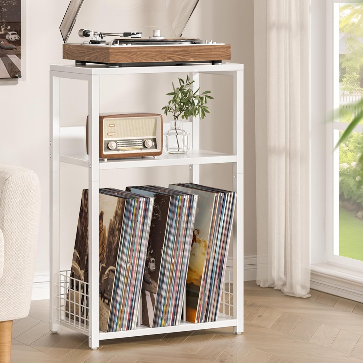 LELELINKY Large White Record Player Stand, 3 Tier 18" Wide Big End ...