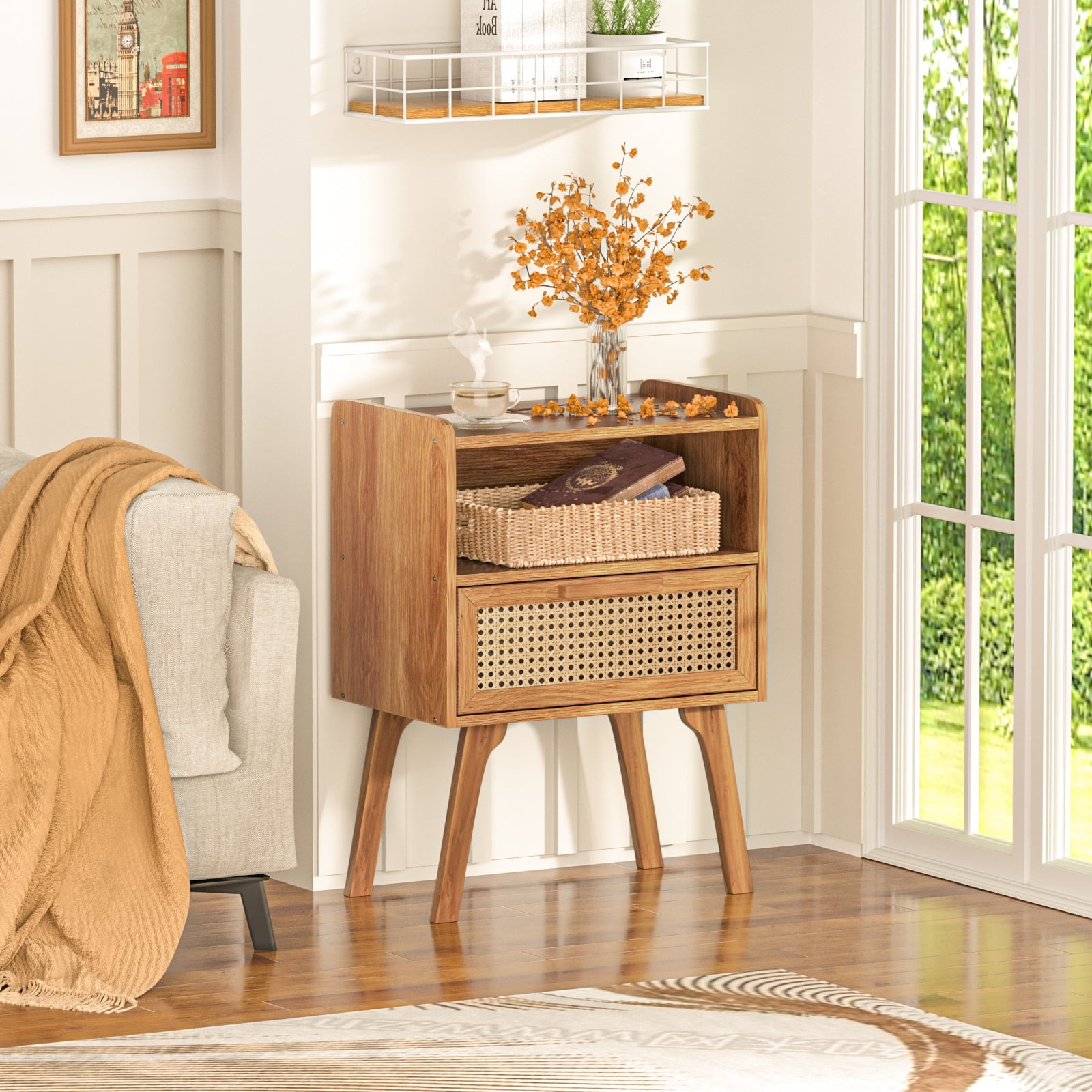 LELELINKY Set of 2 Bedside Tables Nightstand, Rattan Drawer, Open Shelf ...