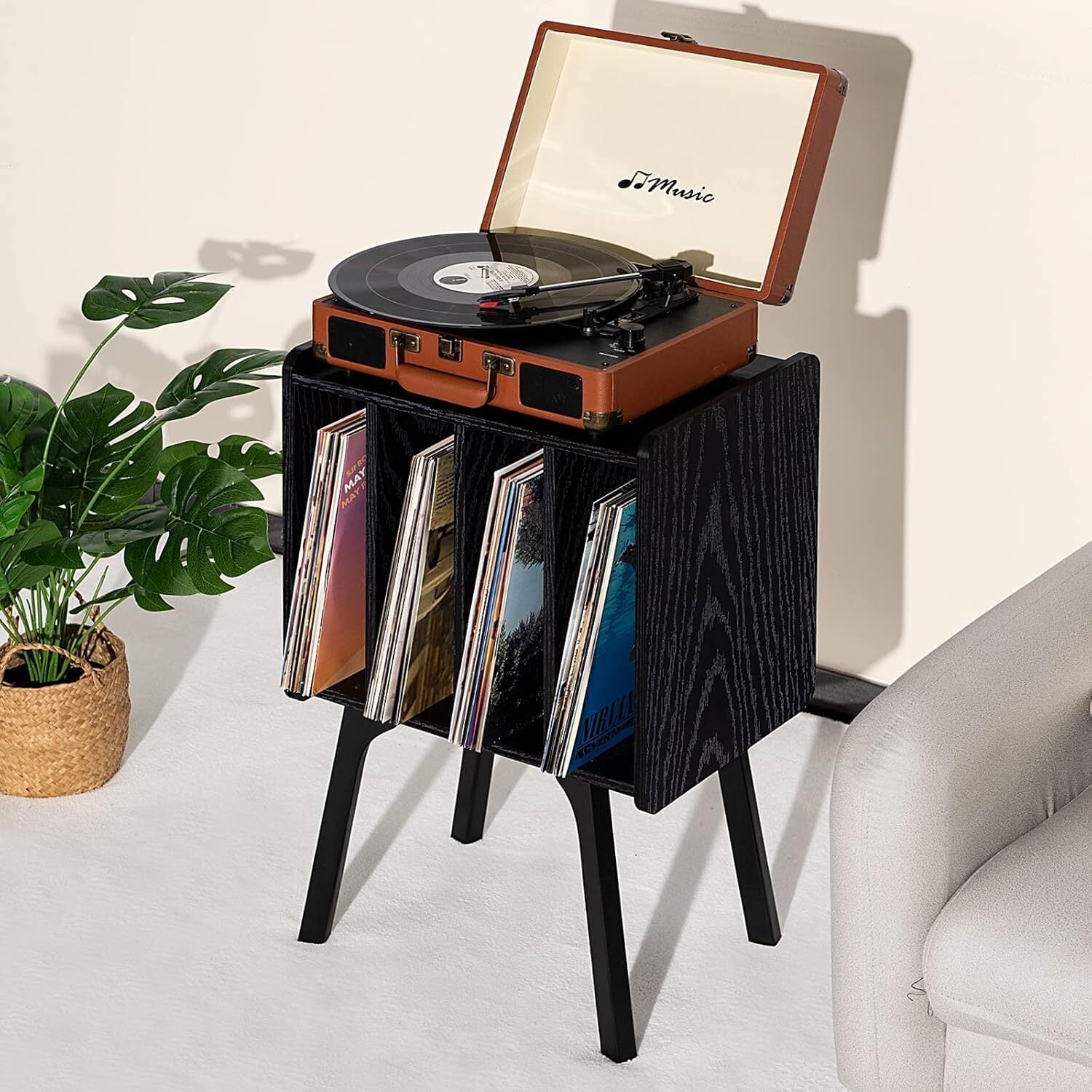 LELELINKY Small Record Player Stand - Width 11.7 in, Black Vinyl Record ...