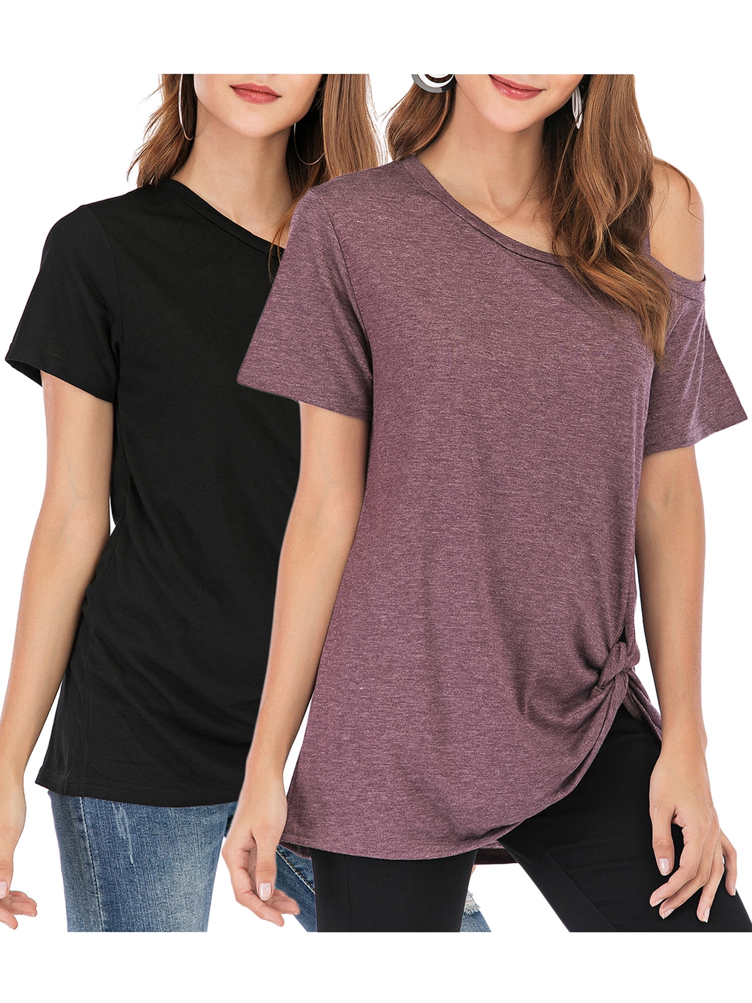 LELINTA 1/2 Pack Women's Summer Short Sleeve Cold Shoulder Round Neck T ...