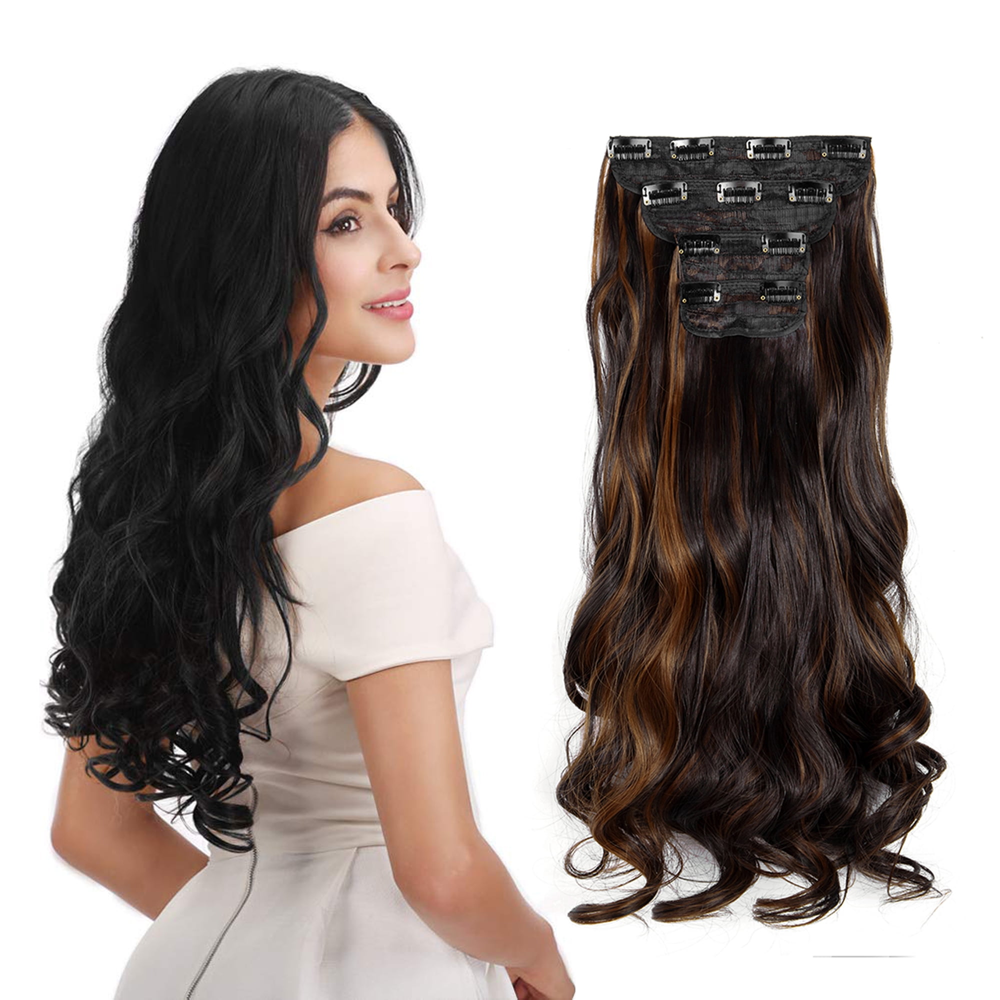 LELINTA 18"/24" Clip In Hair Extensions 4 PCS Long Straight Curly Wavy ...