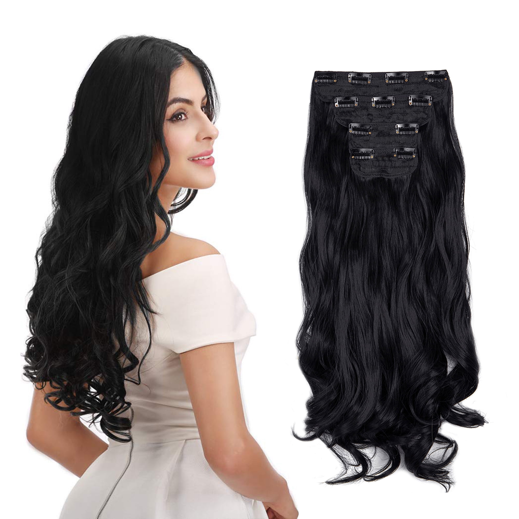 LELINTA 18"/24" Clip In Hair Extensions 4 PCS Long Straight Curly Wavy ...