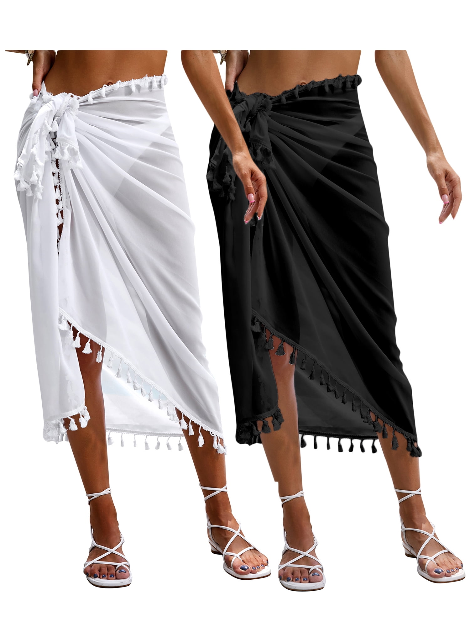 LELINTA 2 PiecesLong Pom Poms Tassel Sarong Womens Swimsuit Wrap Cover ...