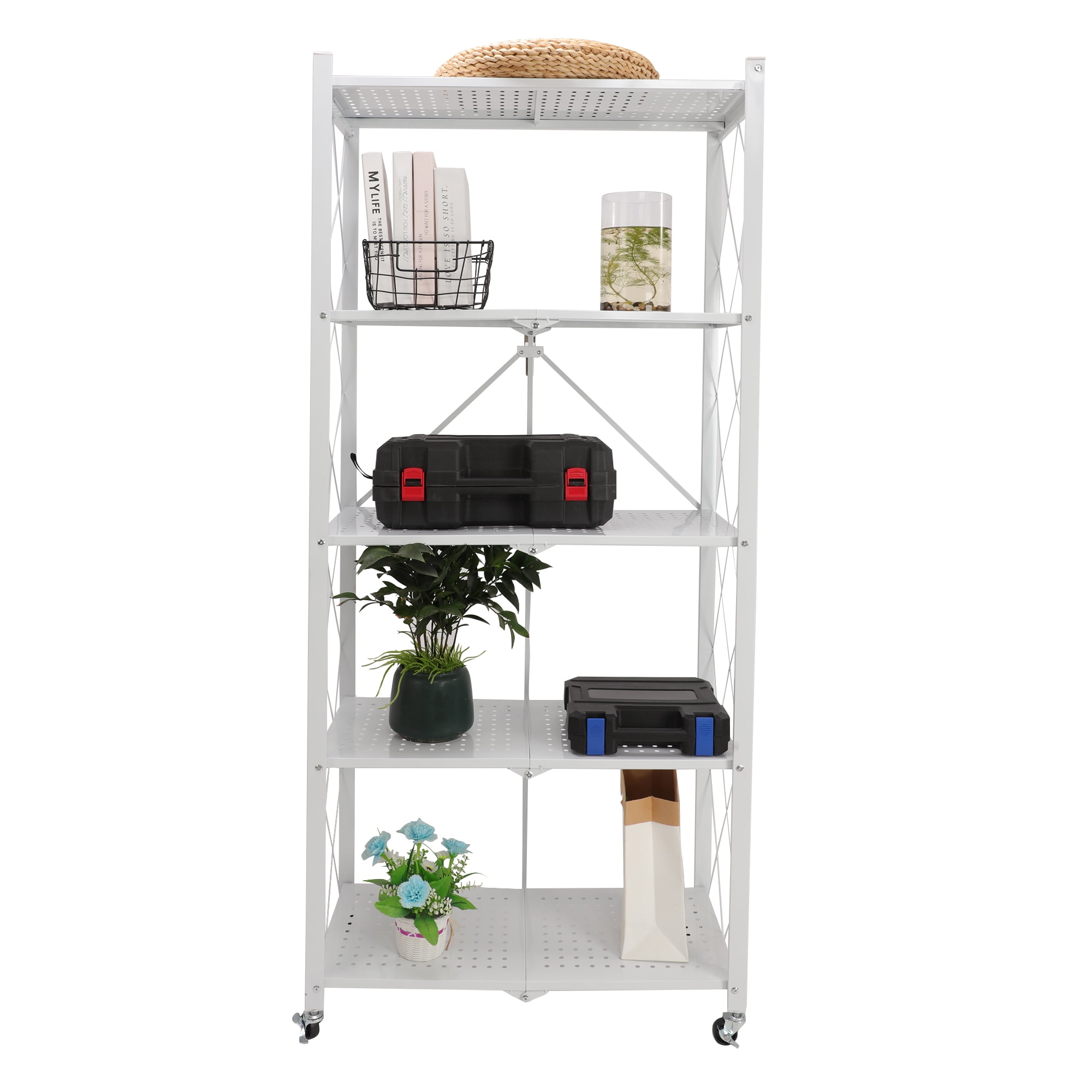 LELINTA 5-Shelf Folding Bookcase with Wheels, Heavy Duty Storage ...