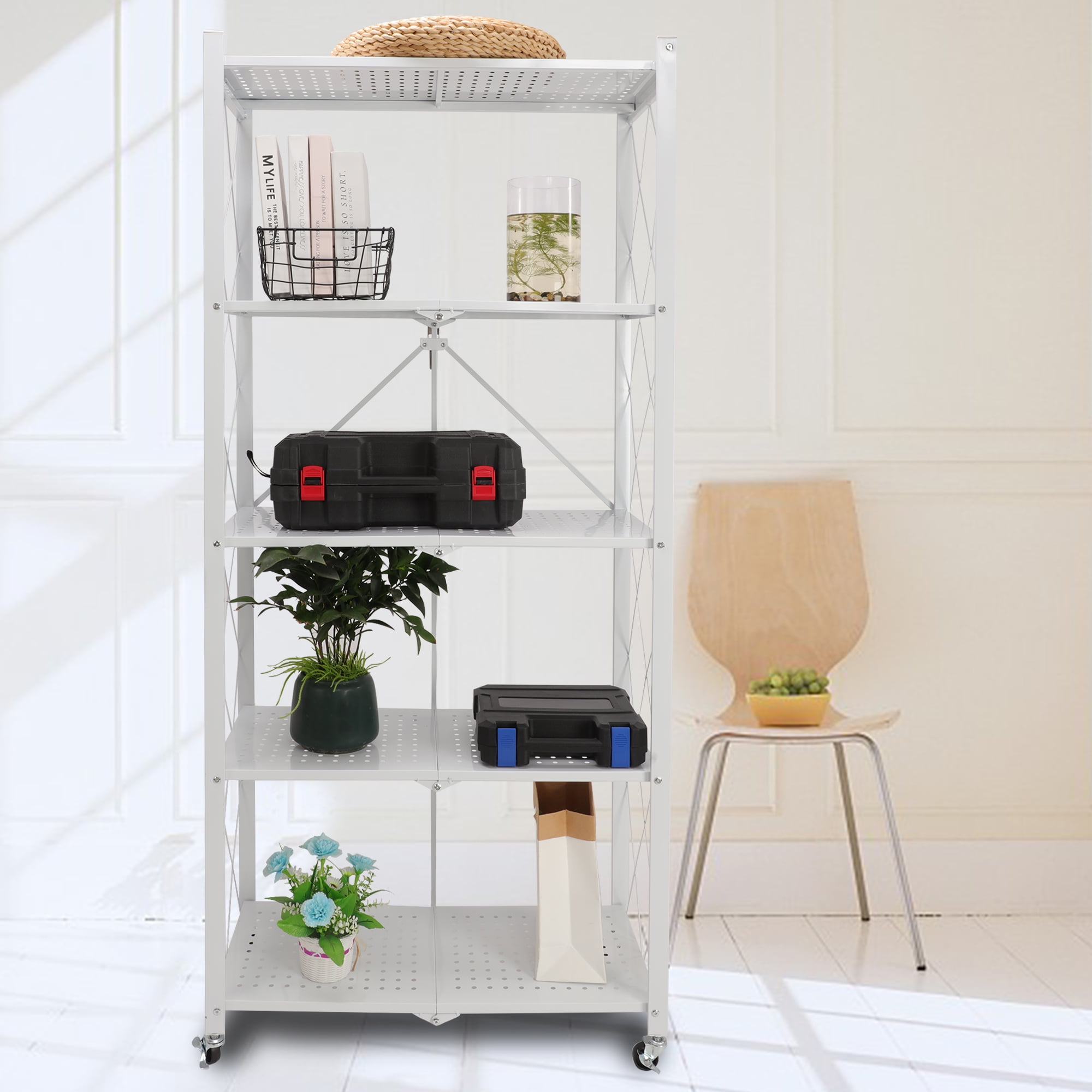 LELINTA Folding Bookshelf for Living Room, 5 Tier White Collapsible ...