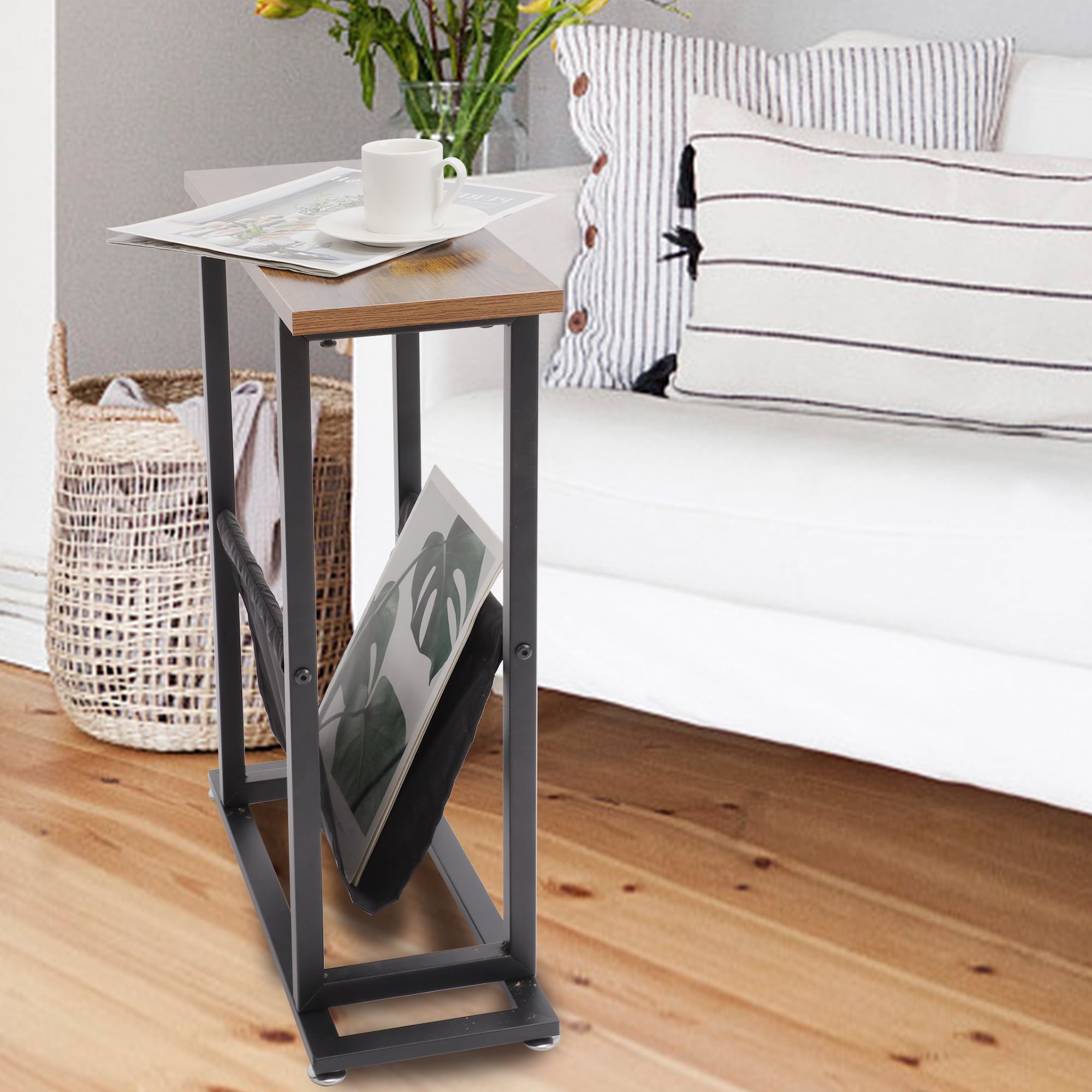LELINTA Narrow Side Table, Slim End Tables with Magazine Holder Rustic ...