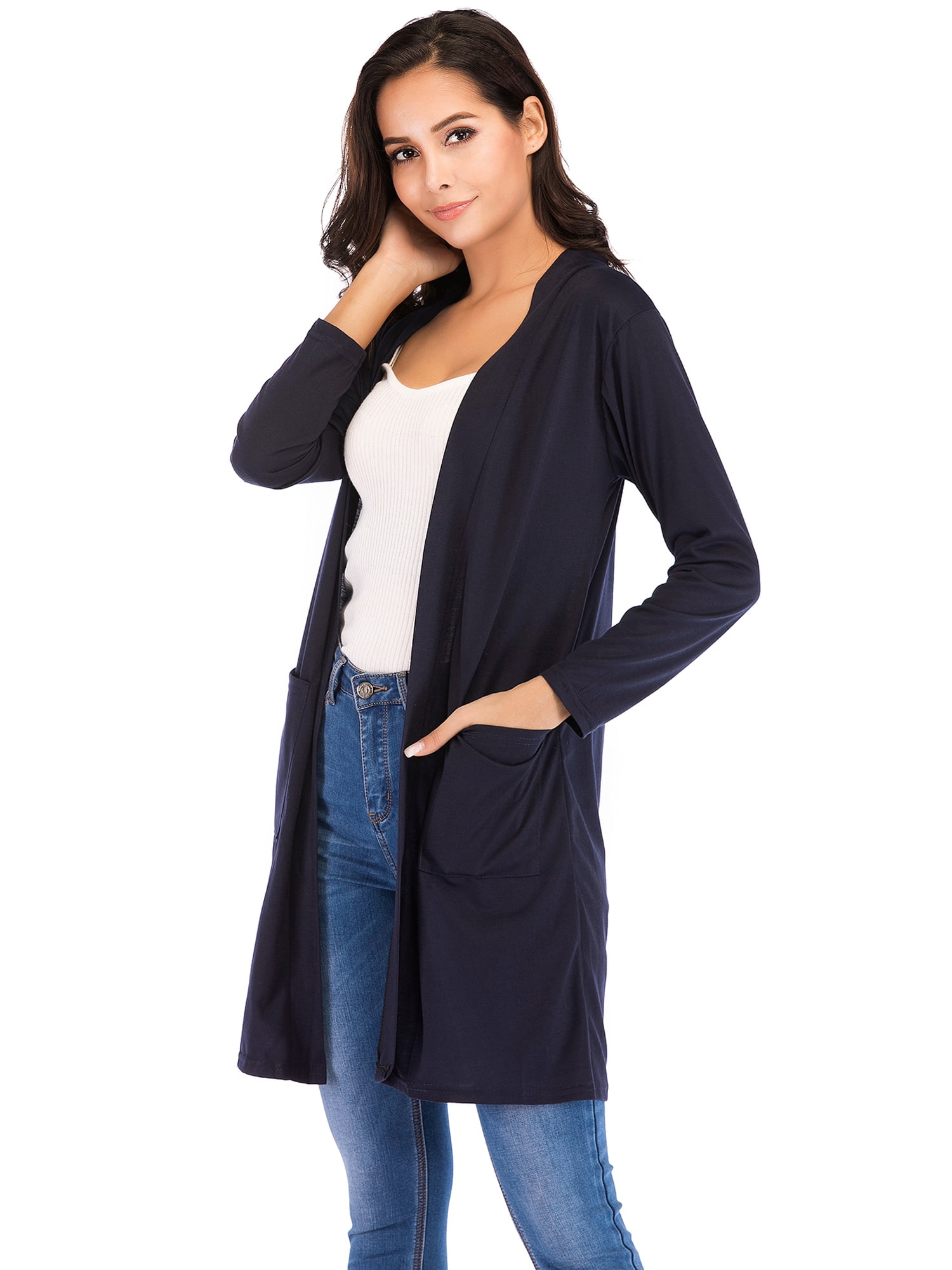 LELINTA Women Basic Long Cardigan Open Front Draped Sweater Long Length Open Front Navy Blue ...