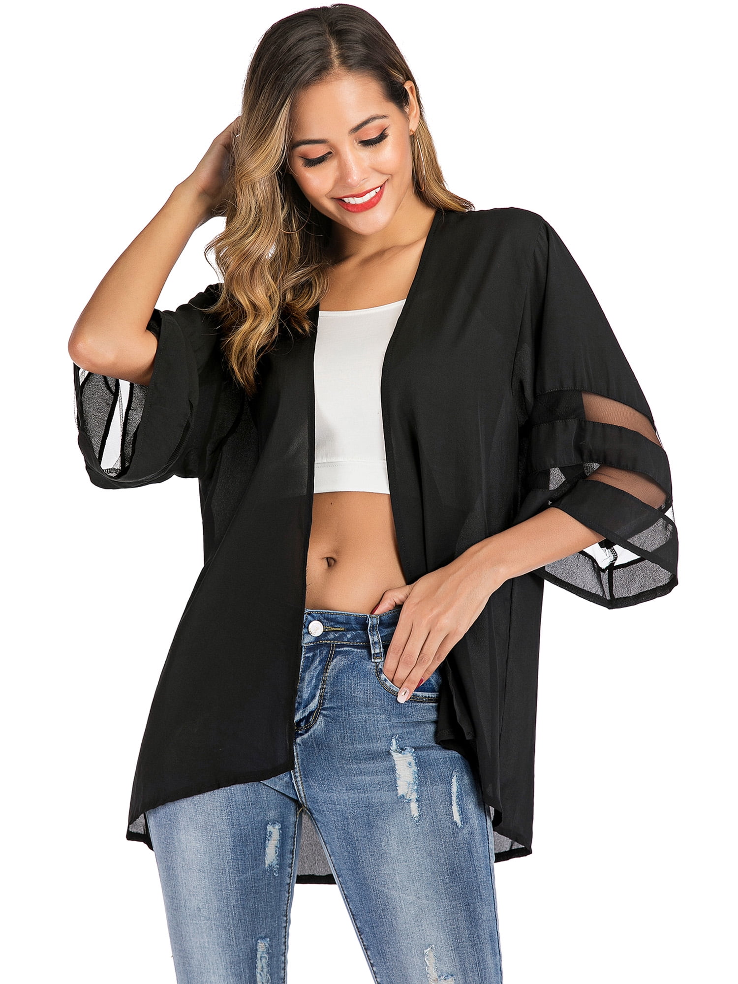 LELINTA Women Casual Solid Color Kimono Shawl Sheer Chiffon Loose ...