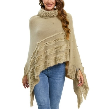 LELINTA Women's Tassel Ponchos Sweater Knitted Irregular Hem Poncho ...