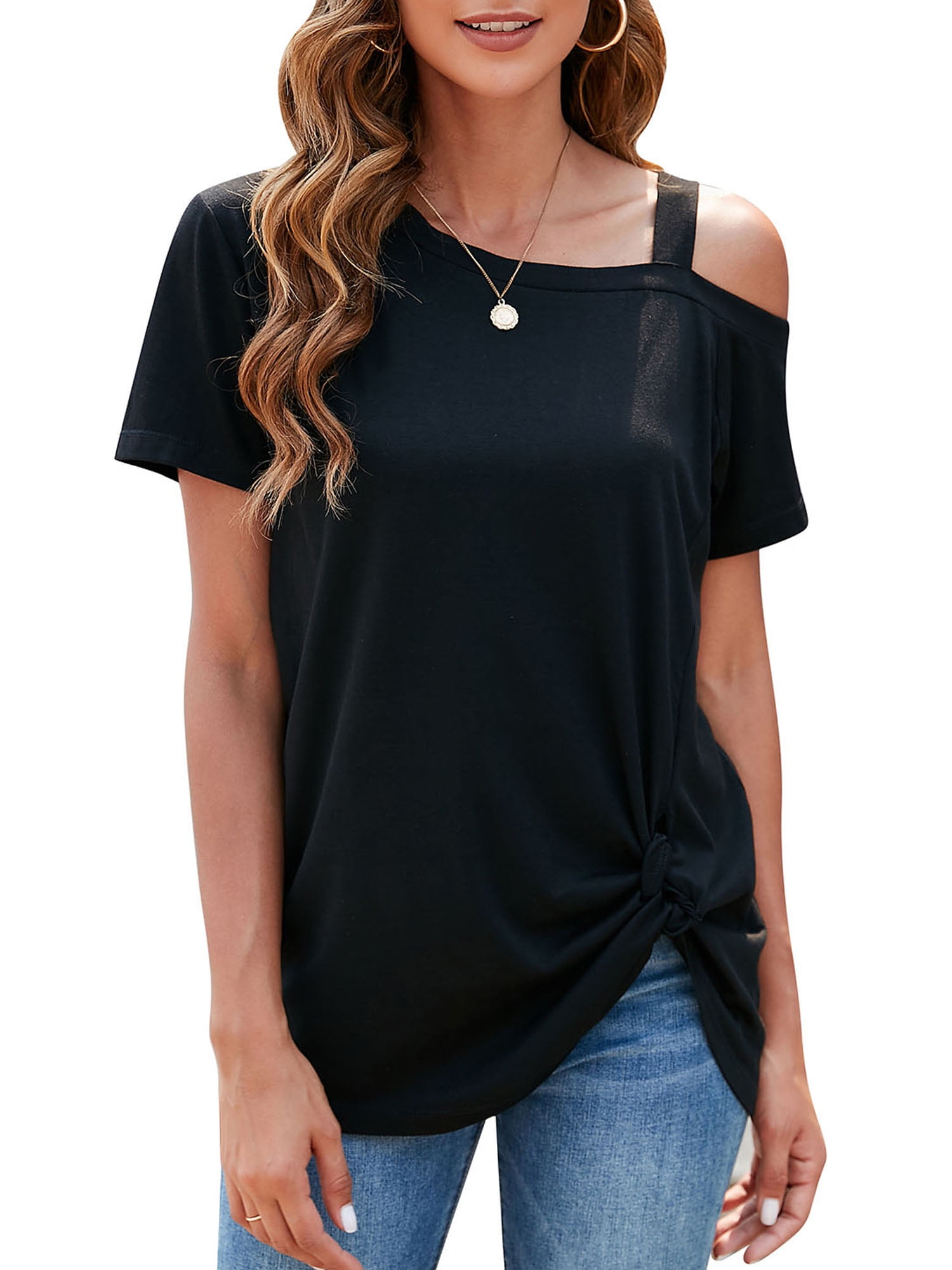 LELINTA Women's One Cold Shoulder Knotted Skew Neck Short Sleeve T ...
