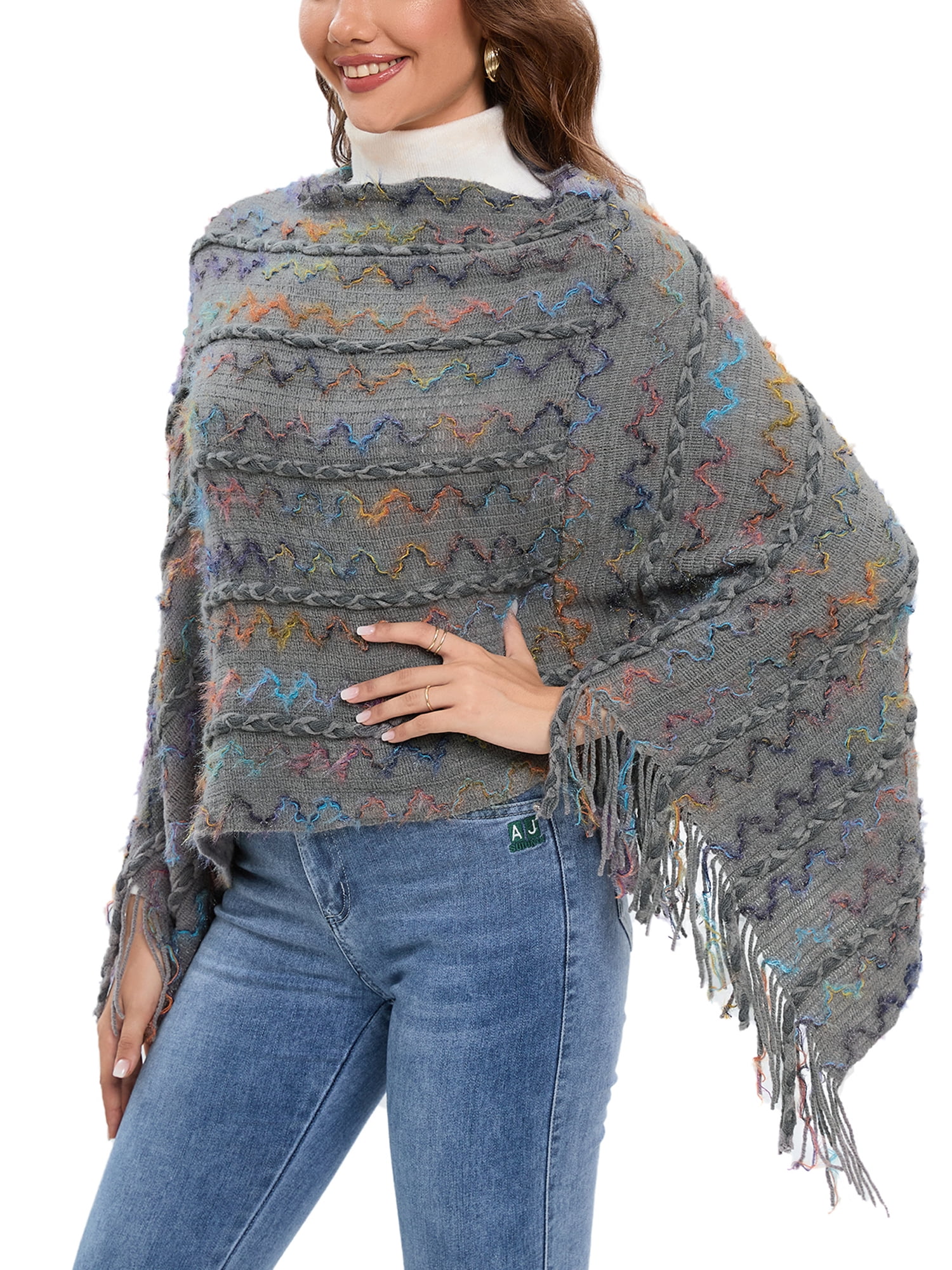 LELINTA Women's Stripe Knitted High Neck Sweater Tassel Poncho ...