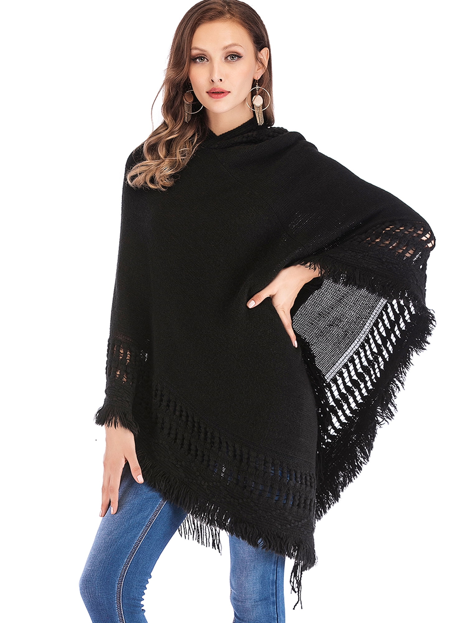 LELINTA Women's Stripe Knitted High Neck Sweater Tassel Poncho ...