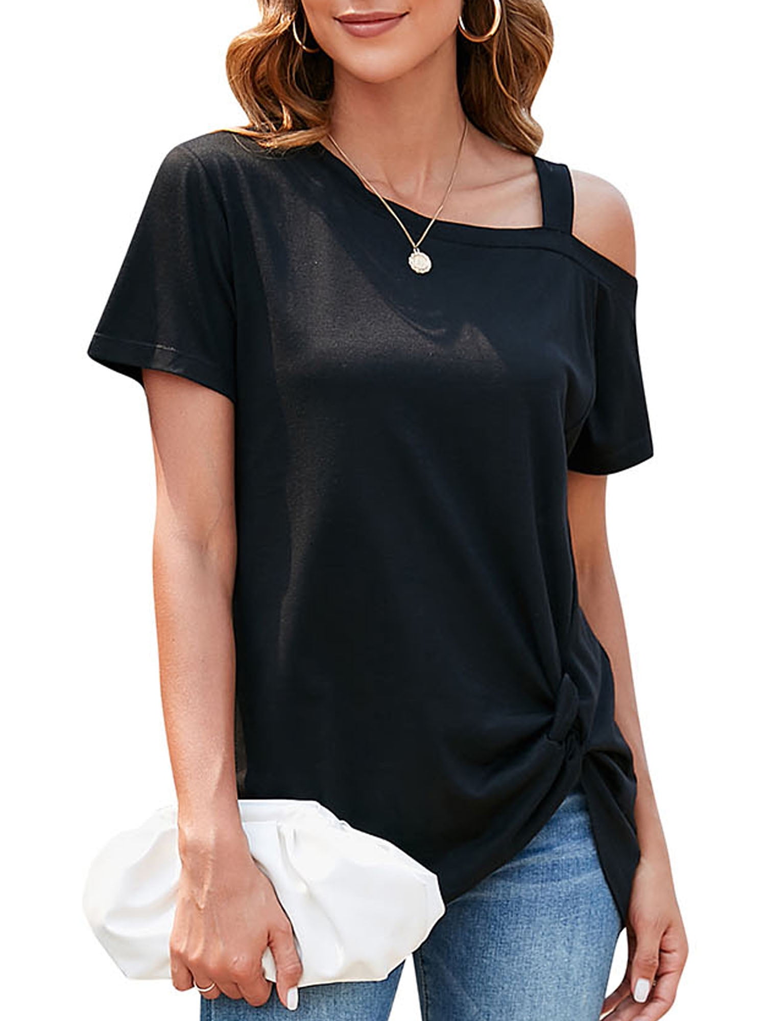 LELINTA Women's Summer Short Sleeve Cold Shoulder Round Neck T-Shirt ...