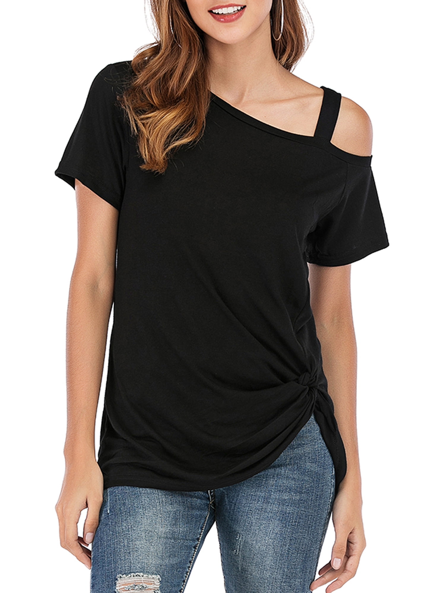 LELINTA Women's Summer Short Sleeve Cold Shoulder Round Neck T-Shirt ...