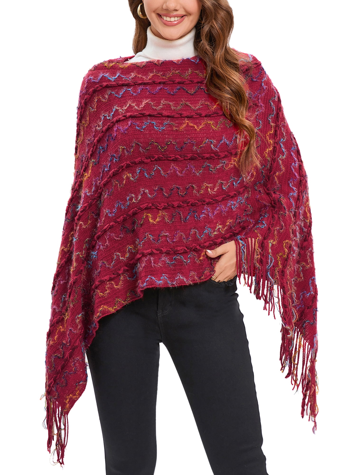 LELINTA Women's Tassel Ponchos Sweater Knitted Irregular Hem Poncho ...