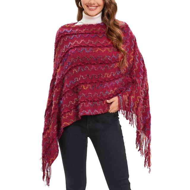 LELINTA Women's Tassel Ponchos Sweater Knitted Irregular Hem Poncho ...