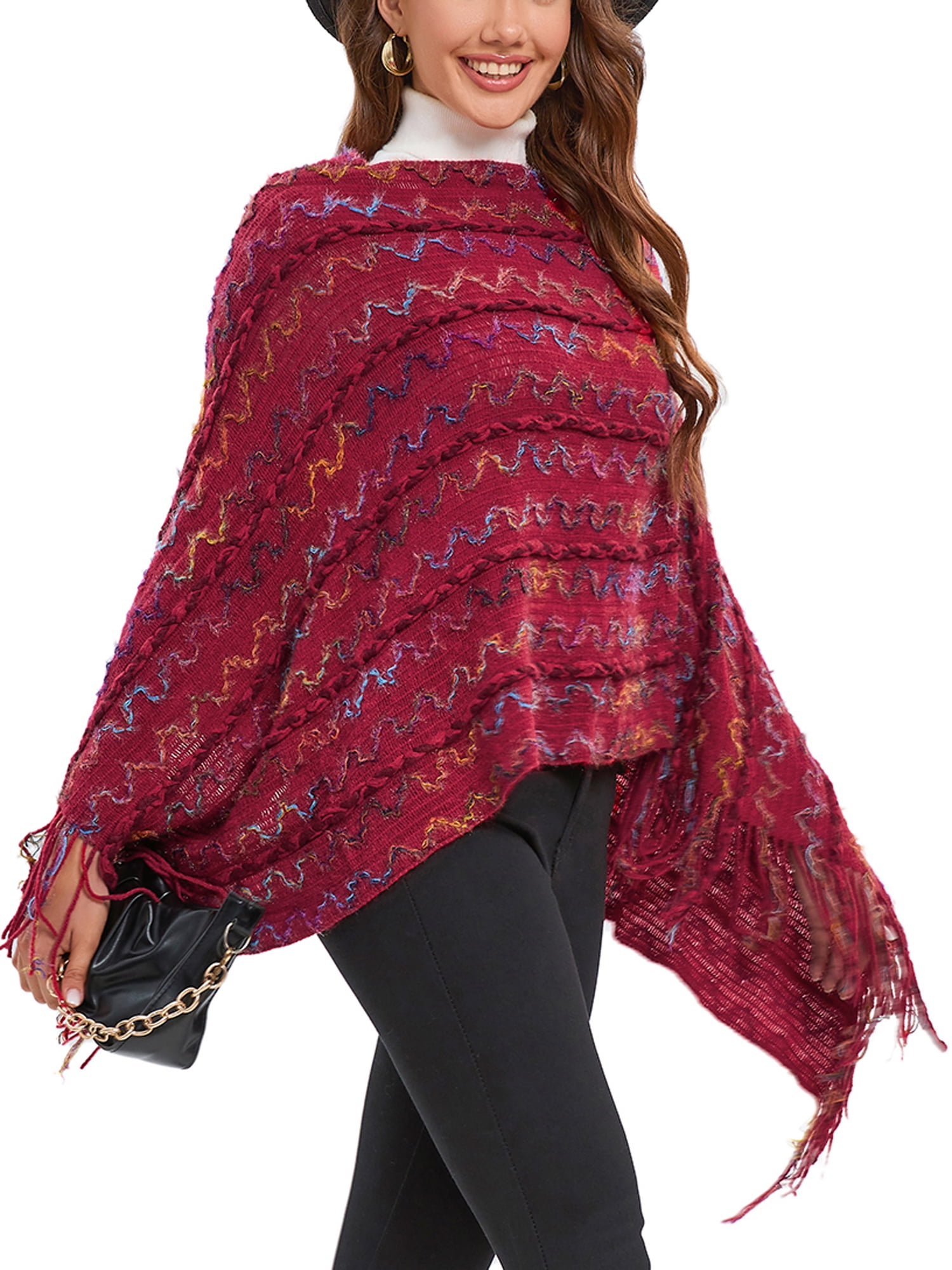 LELINTA Women's Tassel Ponchos Sweater Knitted Irregular Hem Poncho ...