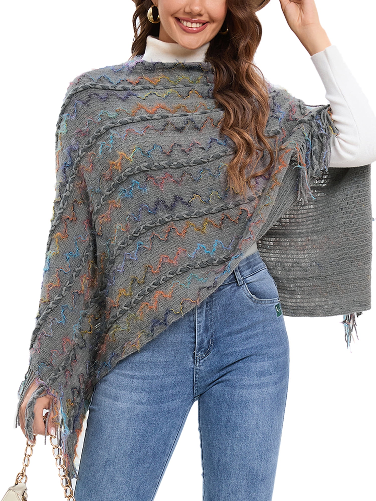 LELINTA Womens Poncho Sweater V Neck Knitted Pullover Shawls Wraps ...