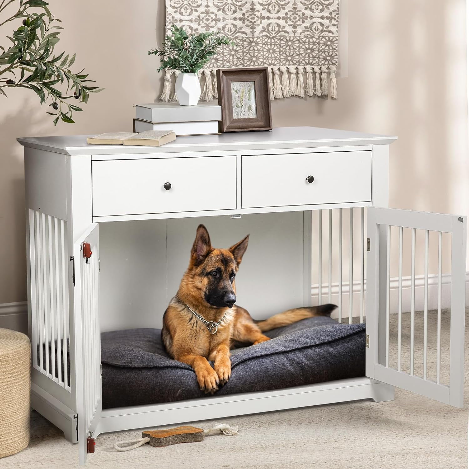 LEMBERI 44 Inch Large Dog Crate Furniture, Wooden Dog Kennel End Table ...