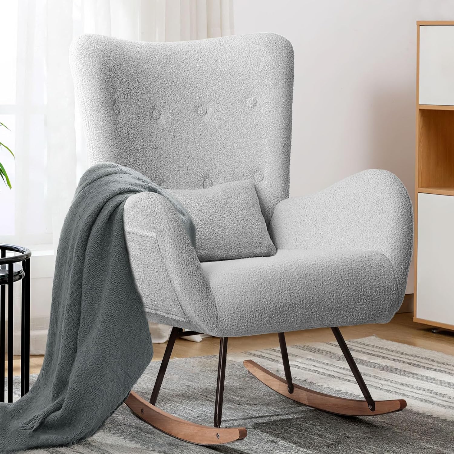LEMBERI Rocking Chair Nursery, Teddy Upholstered Padded Seat Rocking ...