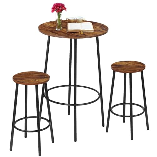 LEMY 3 Piece Pub Dining Table Set, Wooden Bar Stools, Round Breakfast ...