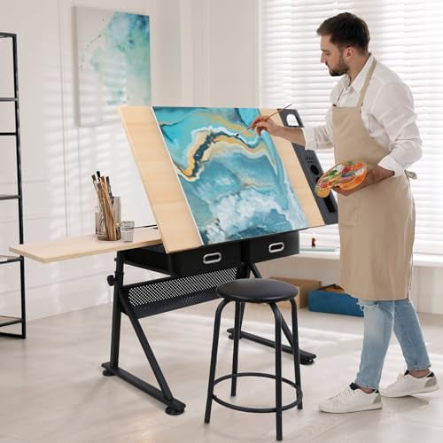 LEMY Drafting Table with Stool, Height Adjustable Tilting Tabletop Art ...