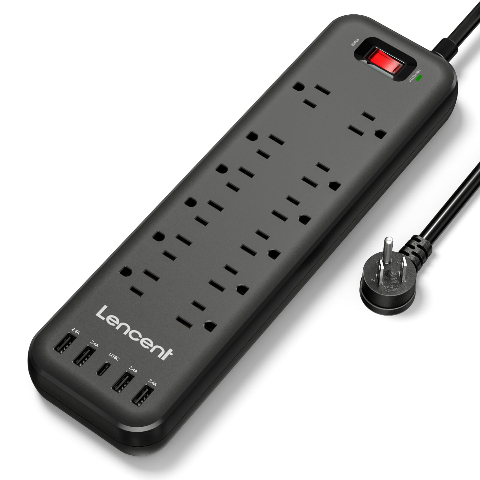 LENCENT Surge Protector Power Strip with 12 Outlets, 5 USB Ports, Flat ...
