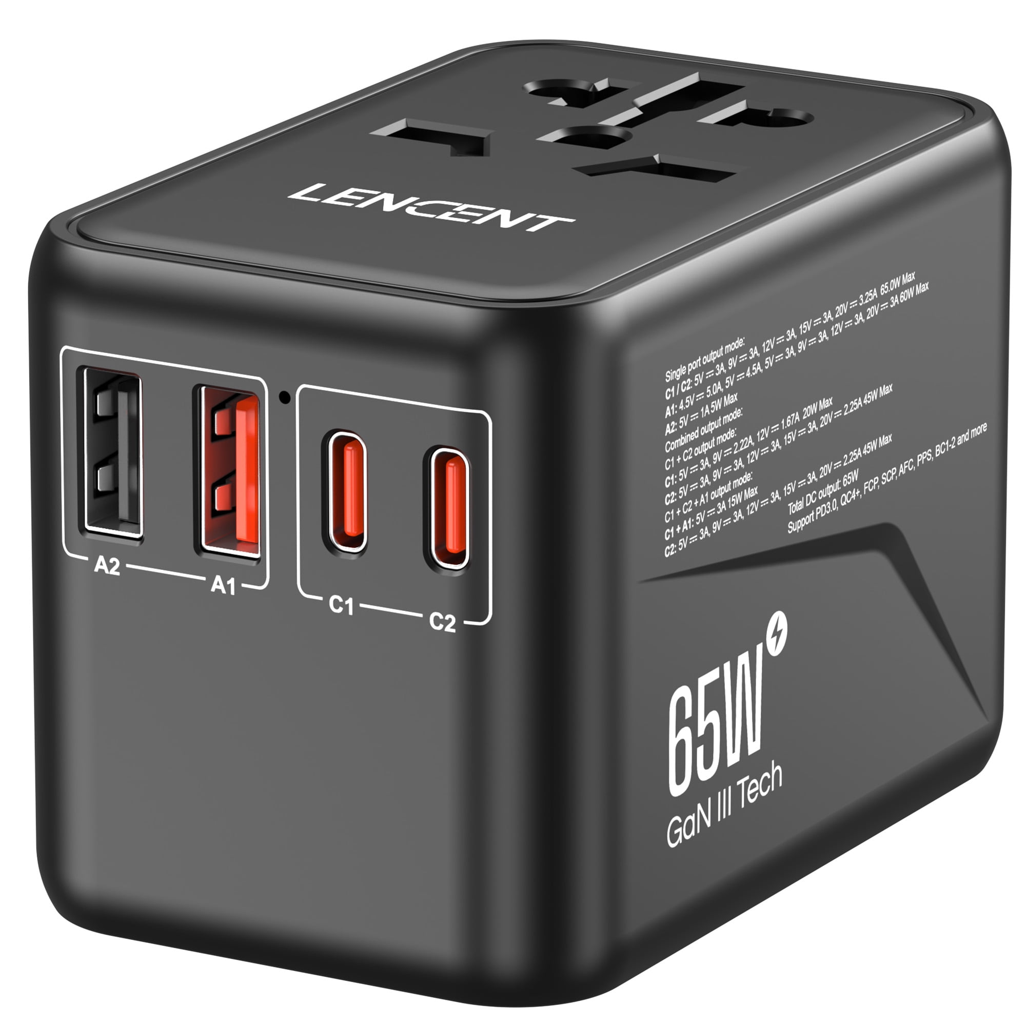 LENCENT Universal Travel Adapter, GaN III 65W International Charger with 2 USB Ports & 3 USB-C ...