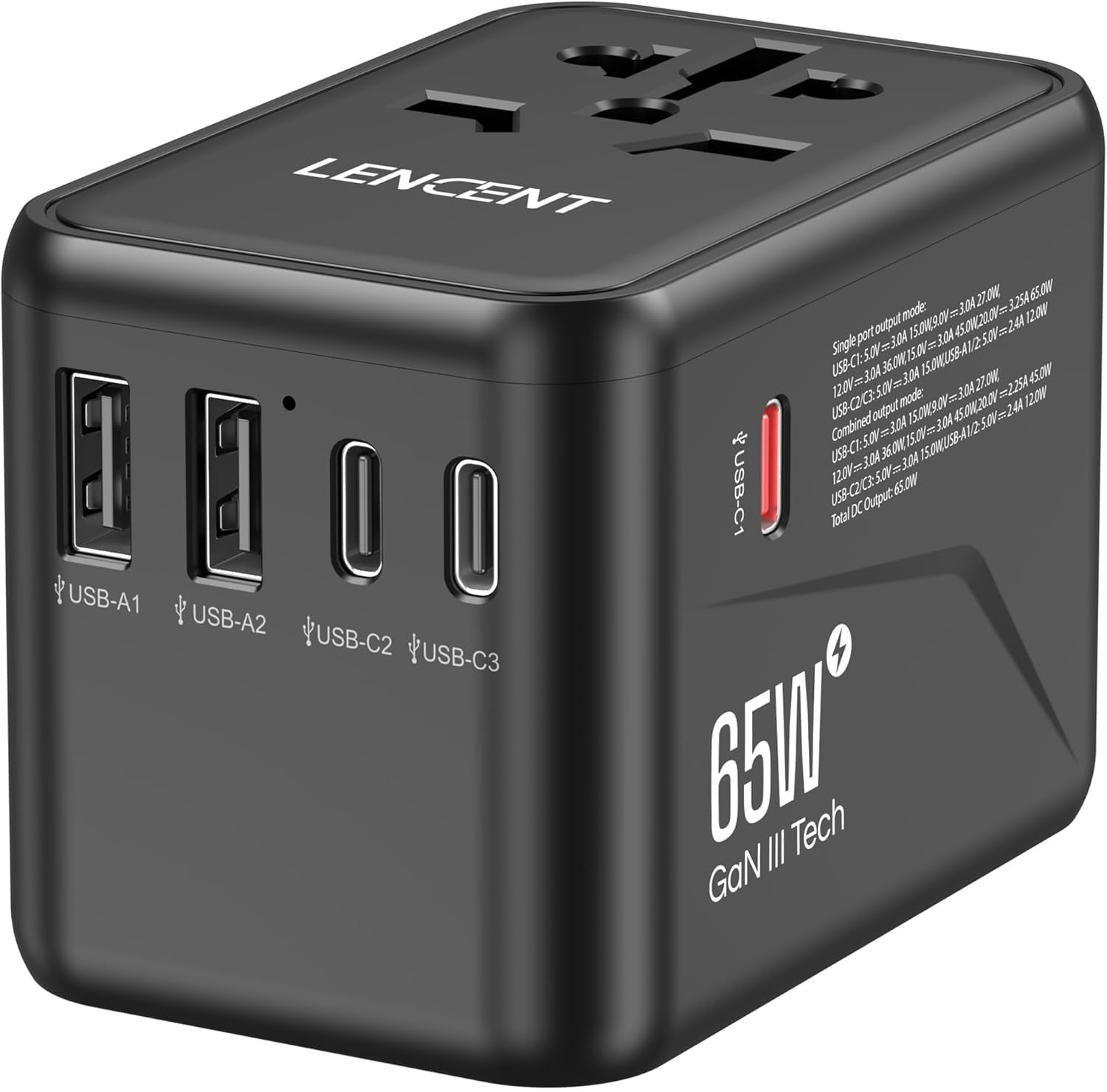 LENCENT Universal Travel Adapter, GaN III 65W International Charger ...