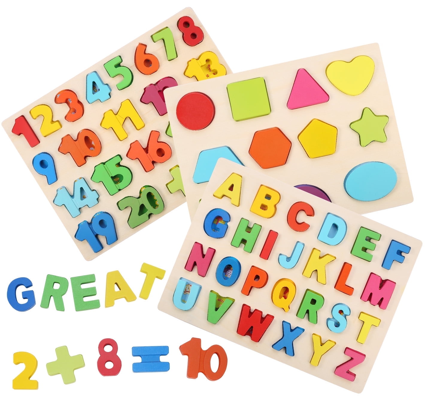 LENNYSTONE Wooden Alphabet Number Shape Puzzles for Toddlers Age 3-6 ...